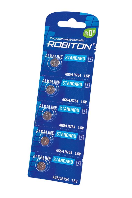 Батарейки часовые AG5 (LR754) 1,5В ROBITON STANDARD R-AG5-05 (0% Hg) AG5 LR754 393 LR48 5 штук
