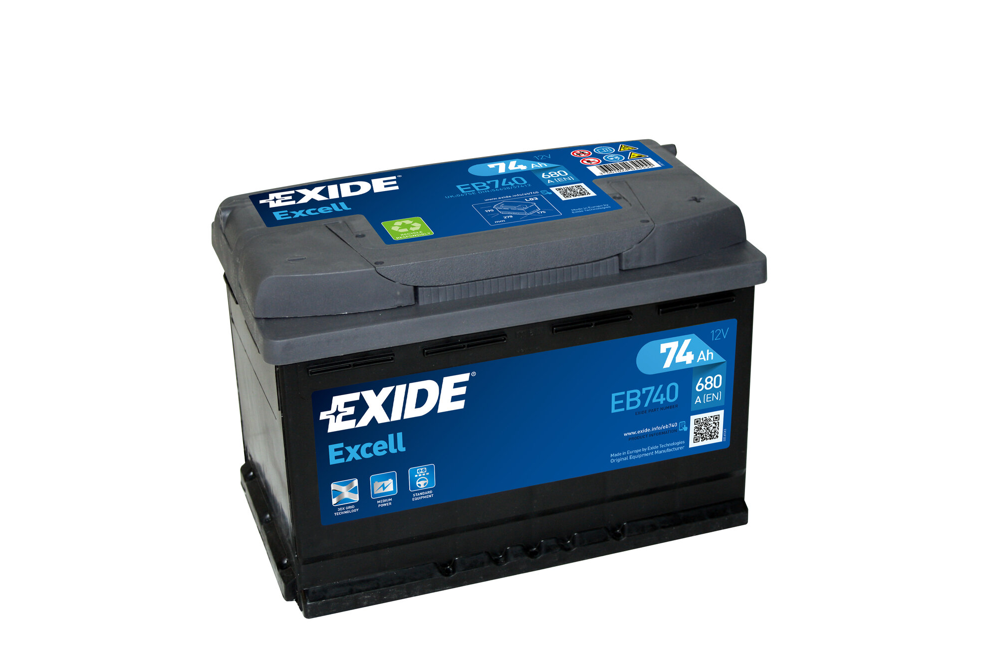 Батарея аккумуляторная Excell, 12в 74а/ч Exide _EB740 для Alfa Romeo 145 (1994-2001), Alfa Romeo 147 (2000-2010), Alfa Romeo 155 (1992-1997)