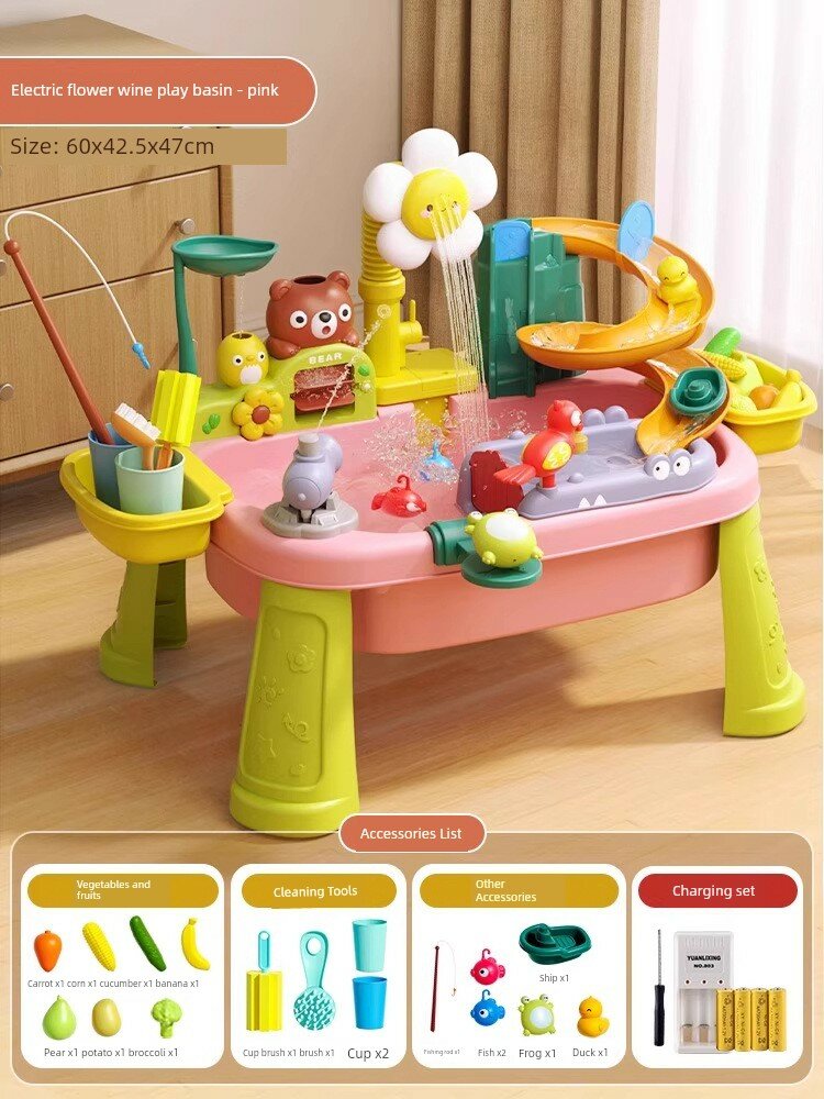 Зарядной игровой набор Солнечный цветок Водный парк для девочек 3-6 лет с мытьем посуды, ловлей рыбы и скольжением