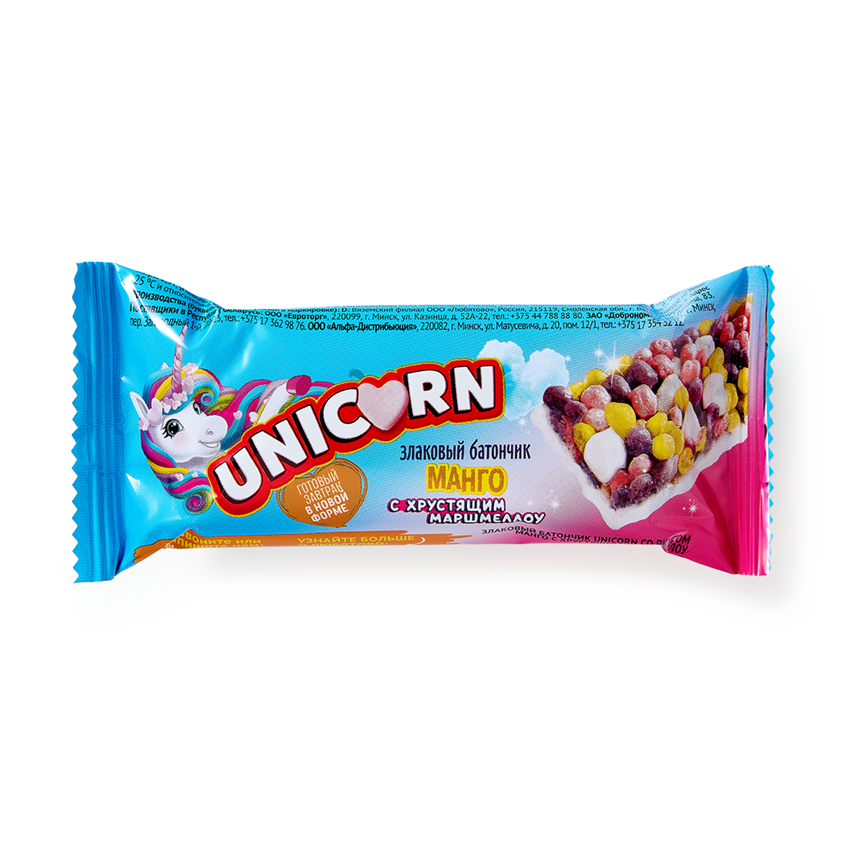Батончик злаковый "Unicorn", манго с маршмеллоу, флоу-пак, 1 шт