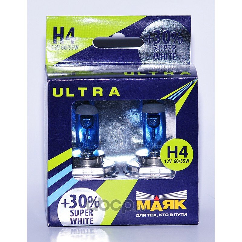 Лампа 12V H4 6055W P43t Super White (+30) белый свет (уп. 2 шт.) Маяк 82420SW+30, H4