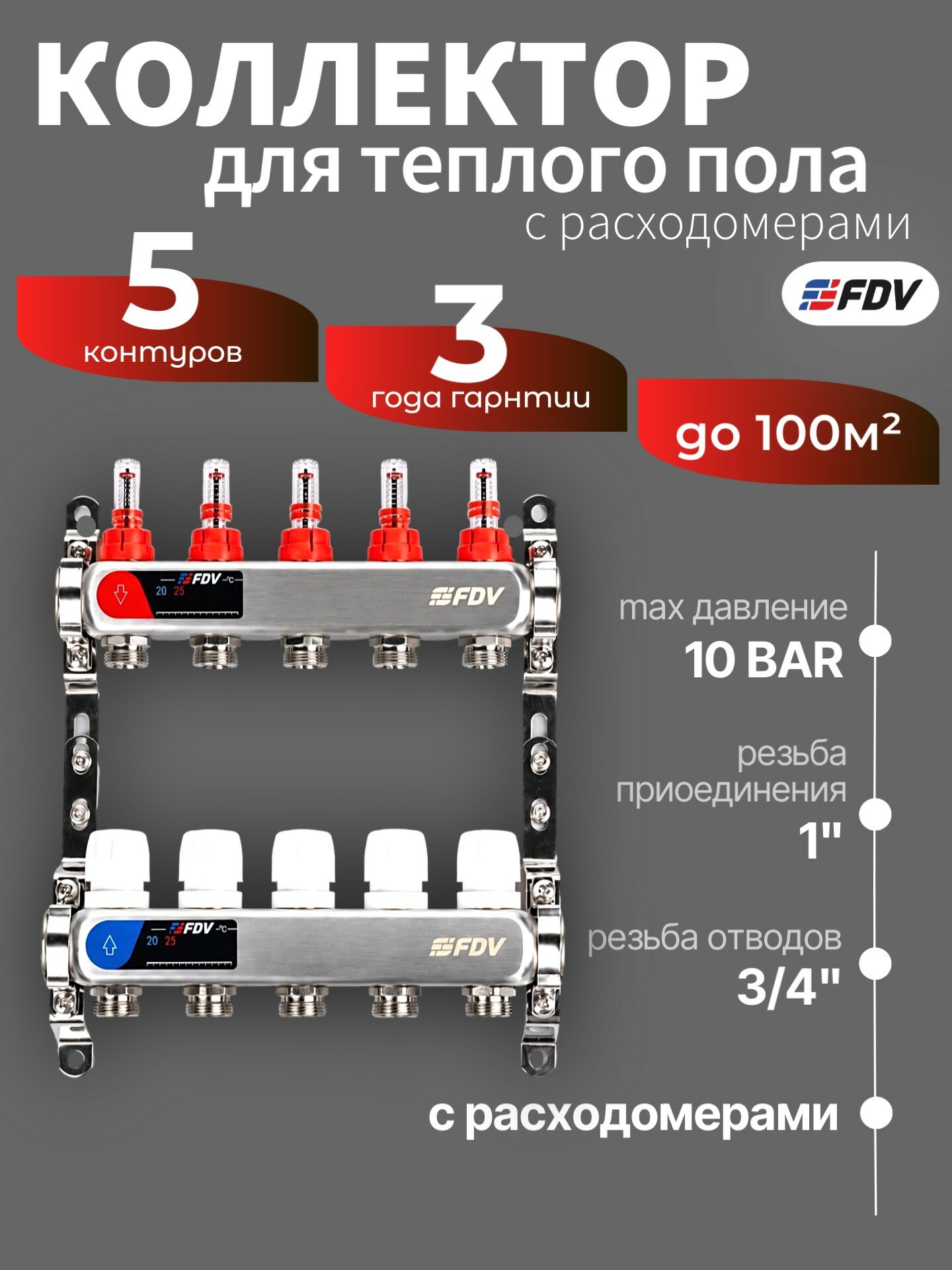 Коллектор для теплого пола 5 контуров FDV из нержавеющей стали с расходомерами серия S1101A
