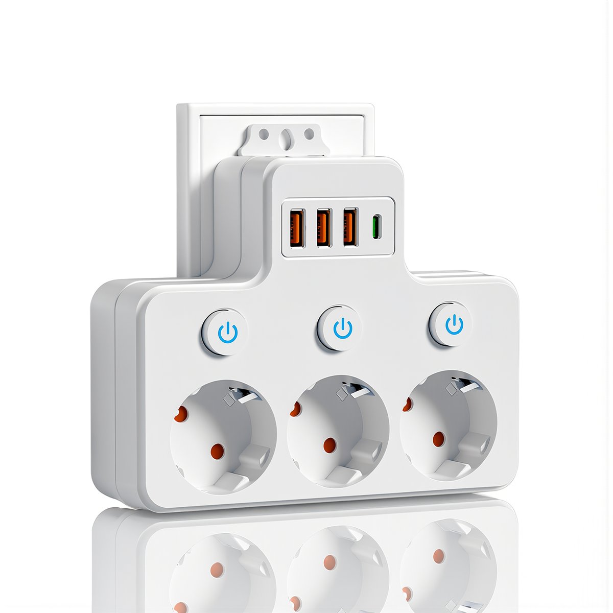 Сетевой удлинитель евростандарт 3 розетки 3USB Type-C отдельные выключатели 2500 Вт компактный настенный, OG03U, 3 розетки + беспроводной + отдельные выключатели (3USB+1C), 6 отверстий