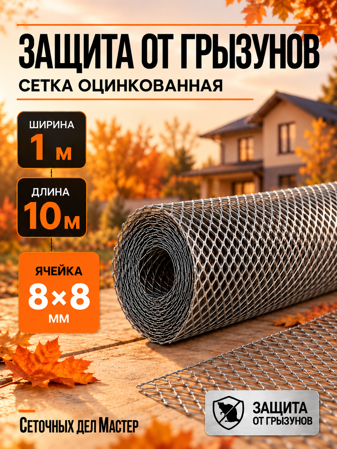 Сетка от грызунов оцинкованная 8х8 мм, металлическая защитная, рулон 1х10 м