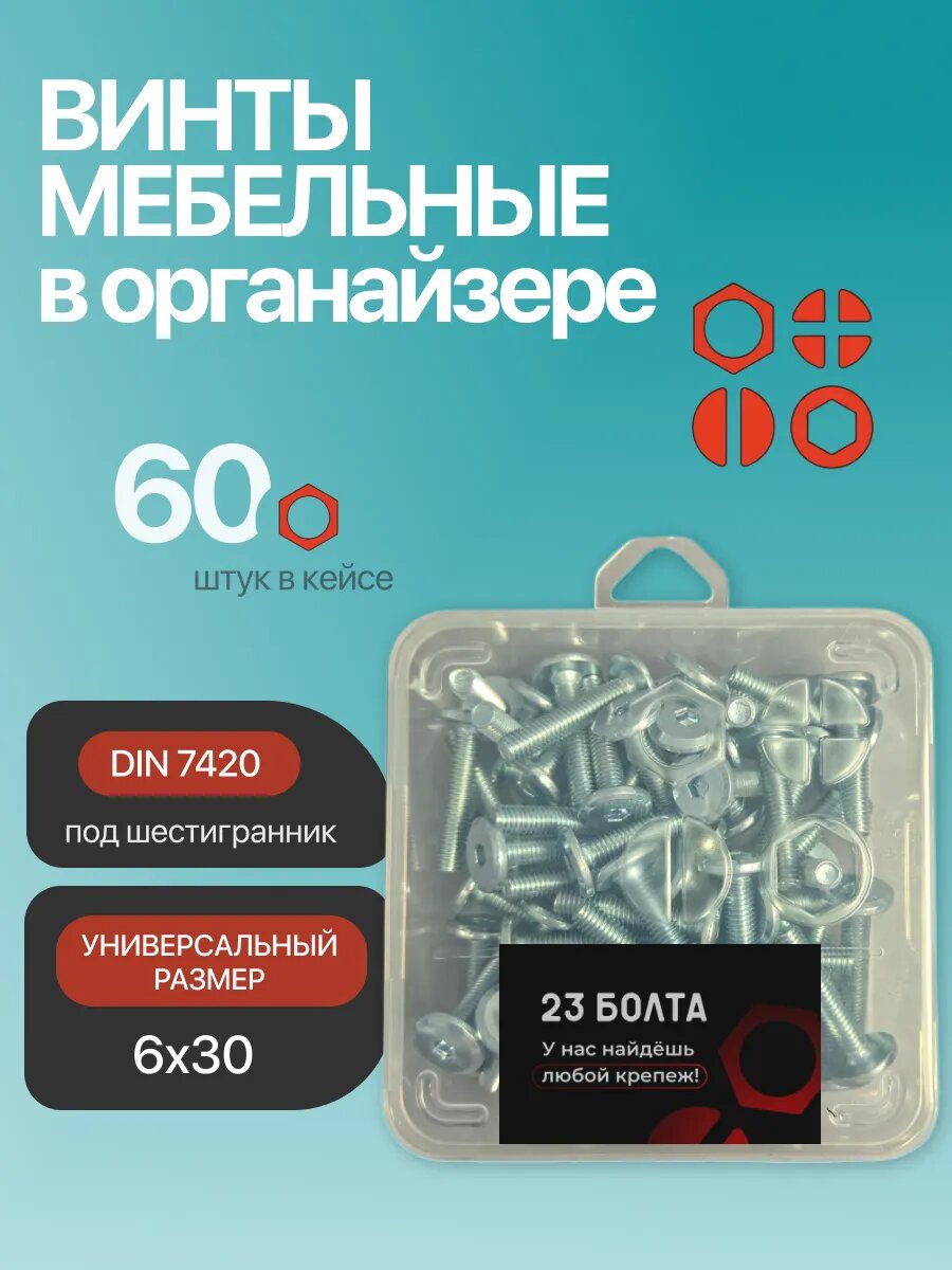 Винт мебельный 6х30 DIN7420 в органайзере,60 шт.
