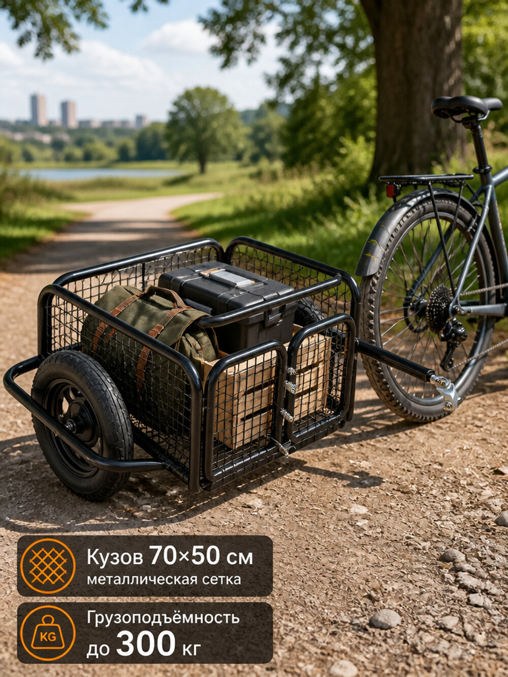 Велоприцеп грузовой 300 кг, кузов 70×50 см, металлическая сетка, задняя дверца, черный стальной
