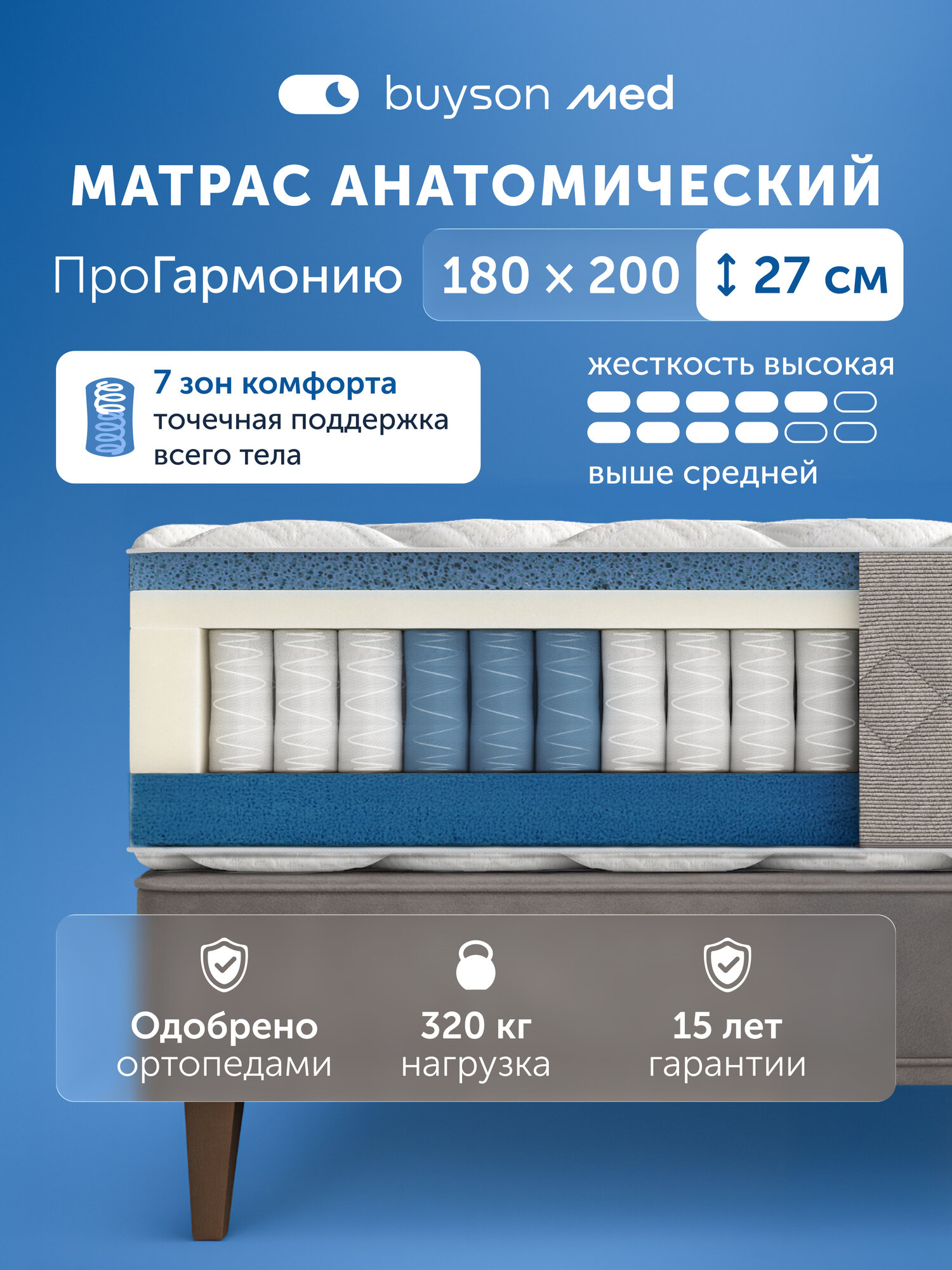 Анатомический двусторонний матрас buyson med ПроГармонию, независимые пружины, 180х200 см