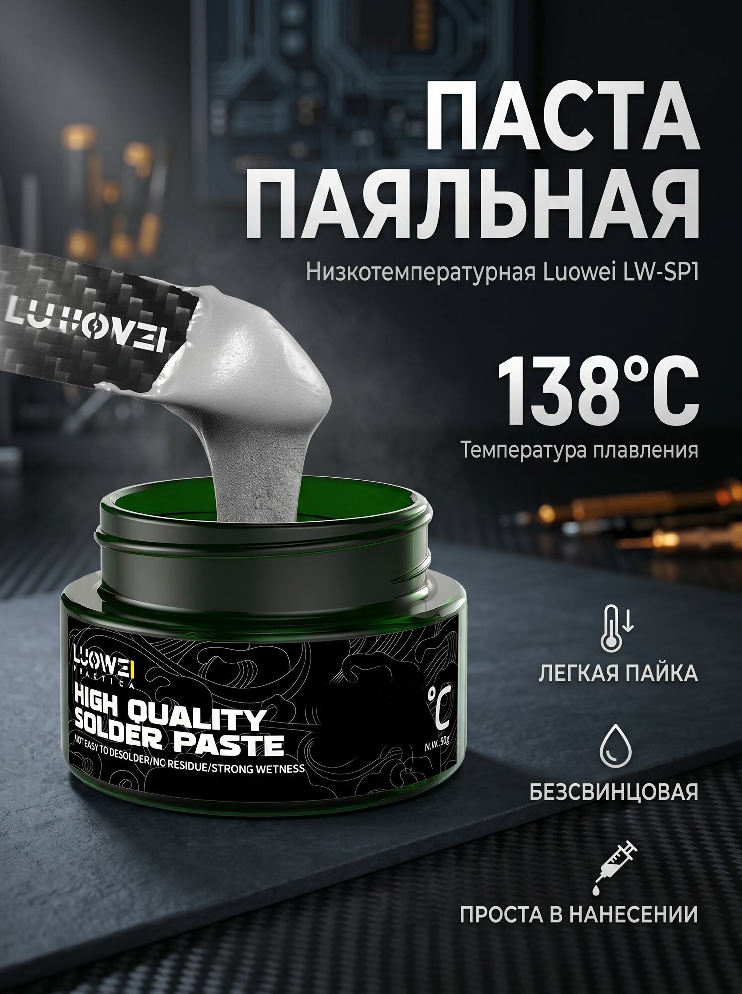 Паста паяльная Luowei LW-SP1 (50 г, 138C, жидкое олово)