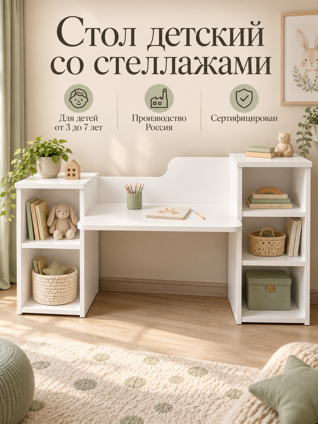 Стол детский письменный с двумя стеллажами для хранения, белый