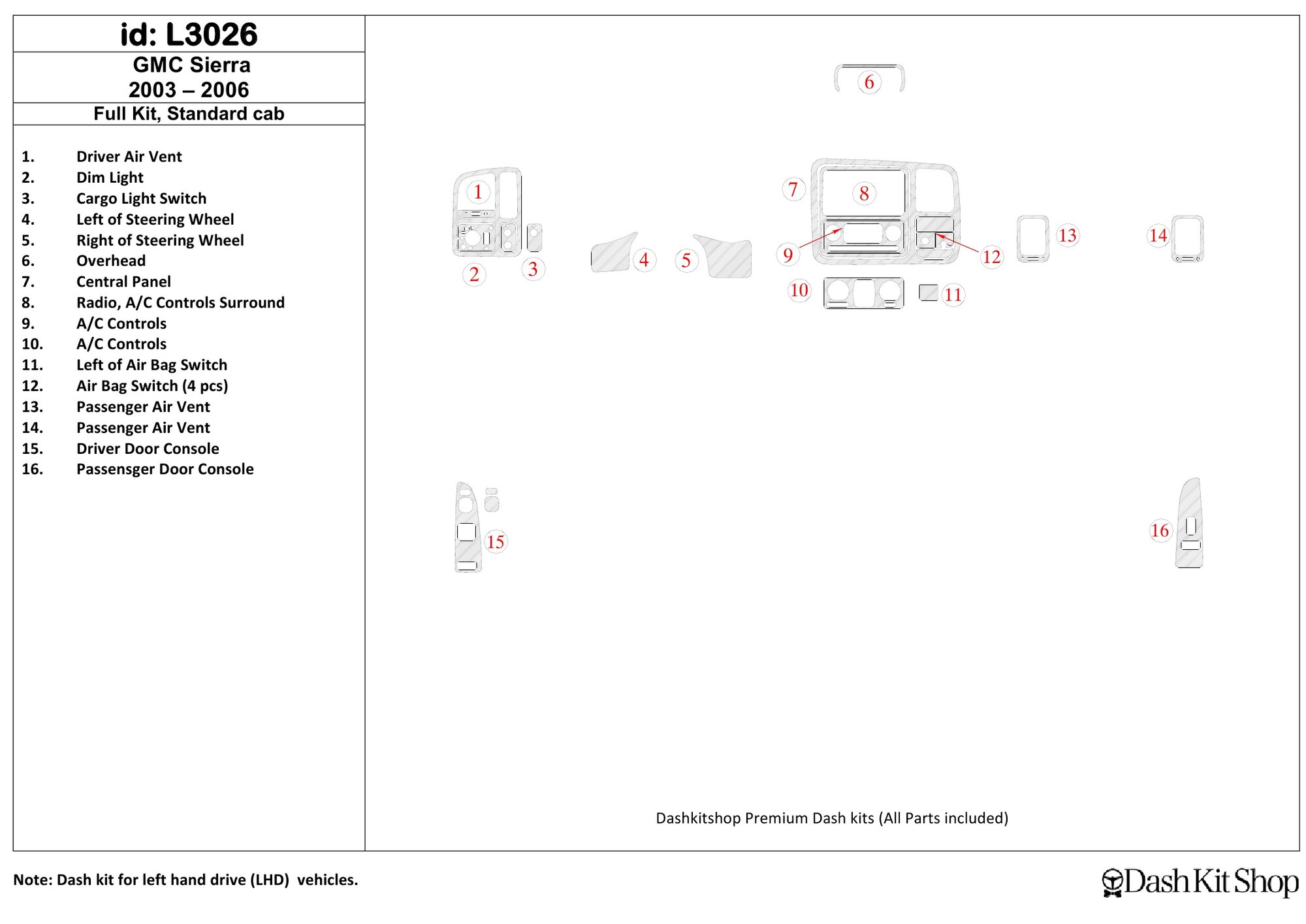 Декоративные накладки салона для GMC Sierra 2003-2006 Full kit, Standard cab. Комплект L3026.