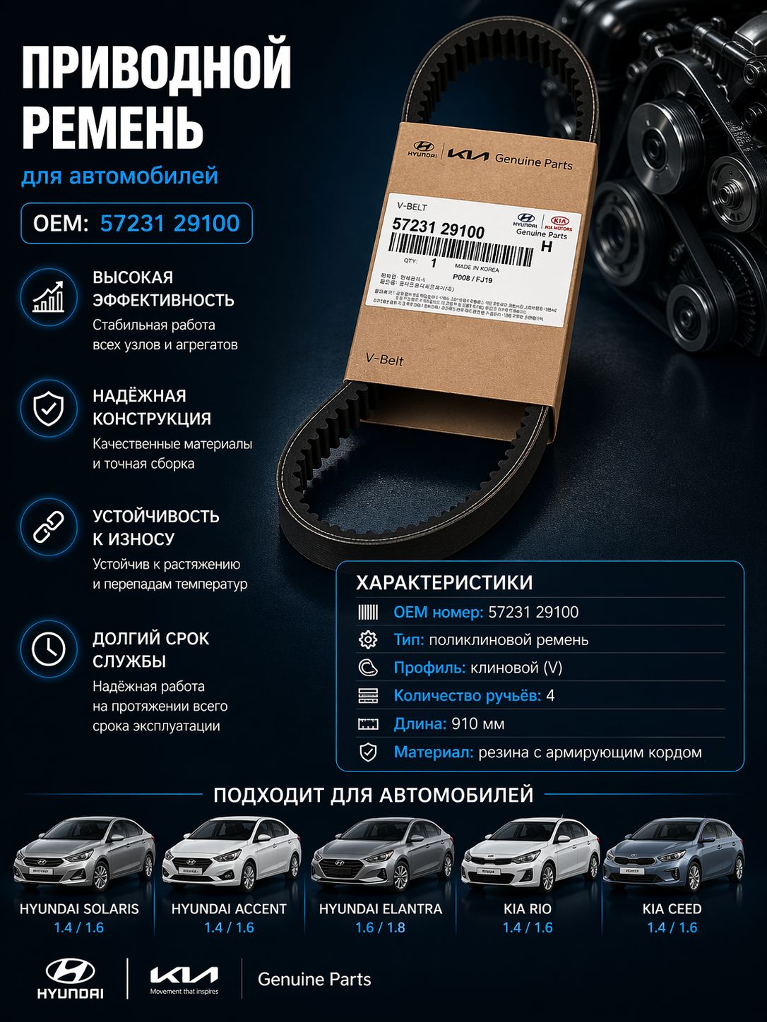 Ремень приводной ГУР Hyundai Kia 5723129100 Verna Accent Coupe Elantra Getz Click Matrix Lavita Rio