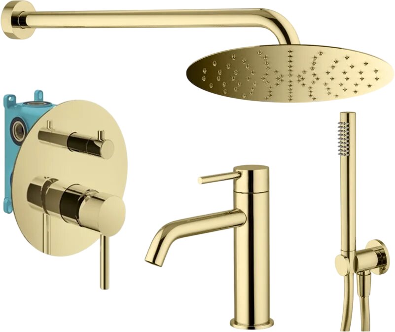 Комплект для ванной Plumberia Selection Ixo KITXO18OR53 4 в 1, встраиваемый, с внутренней частью в комплекте, со смесителем, с тропическим душем, латунный, зол