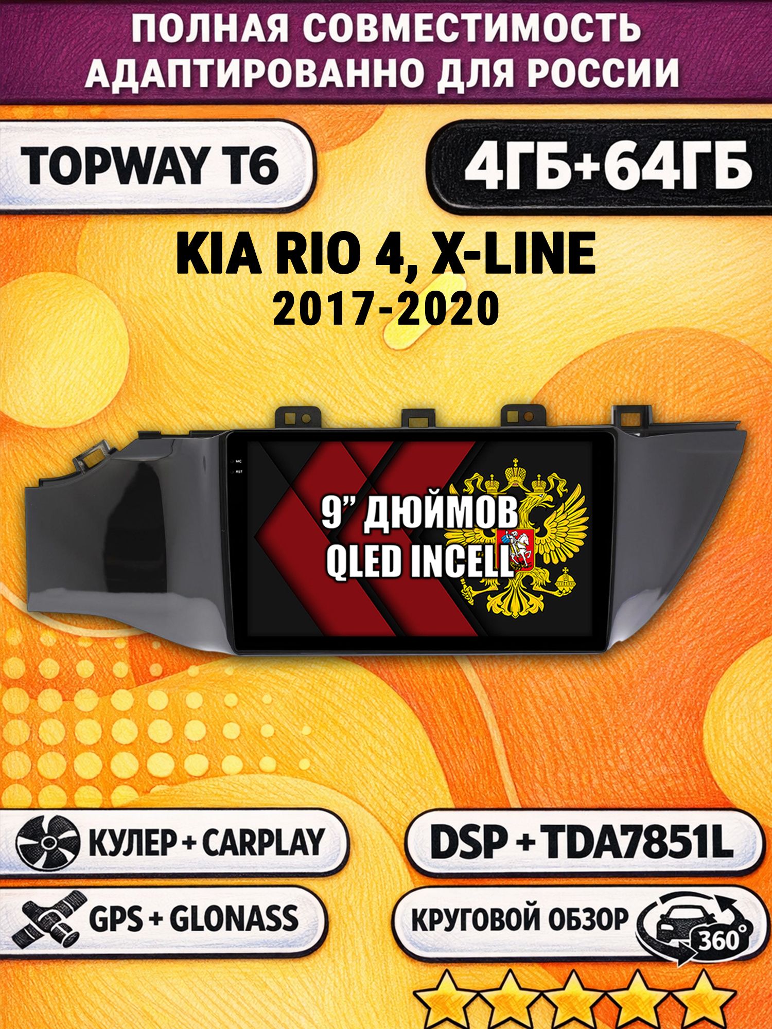 4ГБ+64ГБ магнитола для KIA RIO, X-LINE (2017-2020), рамка черная глянцевая, 360 обзор, DSP, беспроводной CarPlay/Android Auto, GPS/ГЛОНАСС