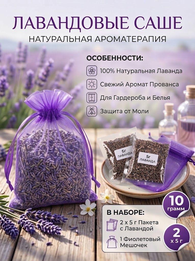 Саше Пакетик из натуральных сушеных цветов лаванды, цвета с ароматическими и дезодорированными лепестками