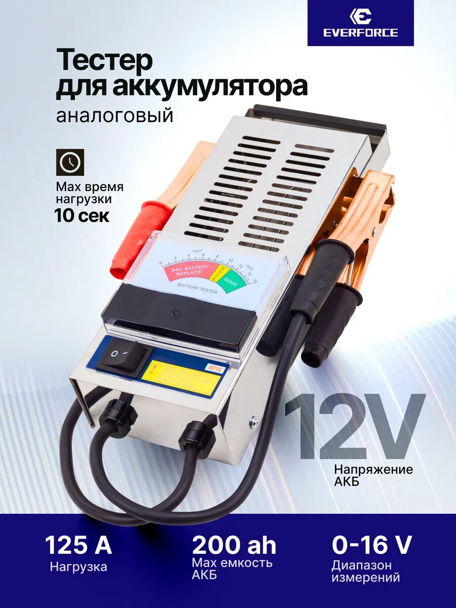 Тестер аккумуляторных батарей аналоговый 12V, 125A, 200Ah