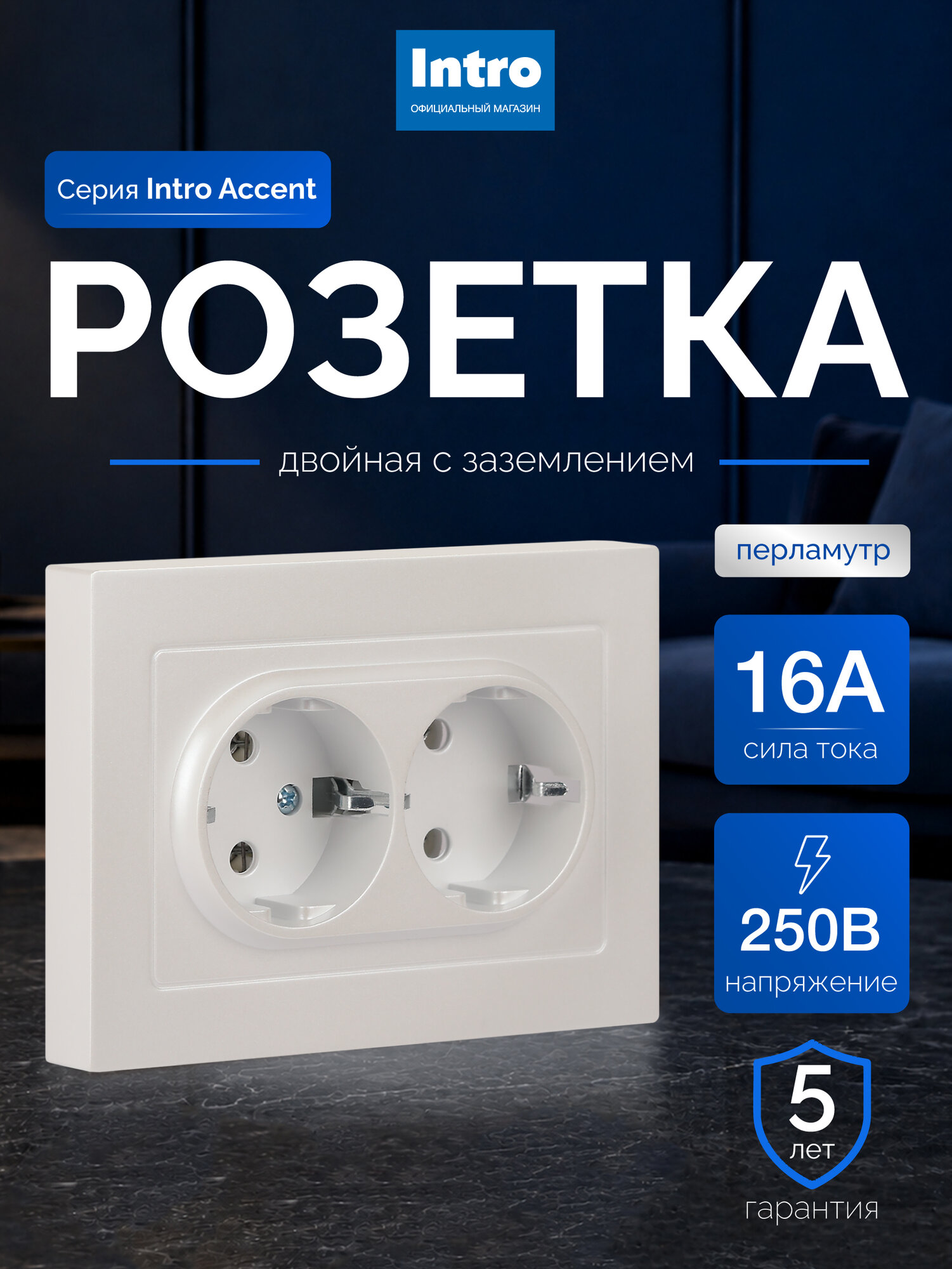 Розетка Intro Accent 6-205-06 с заземлением двойная 2X2P+E Schuko, 16А 250В, IP20, скрытой установки, перламутр