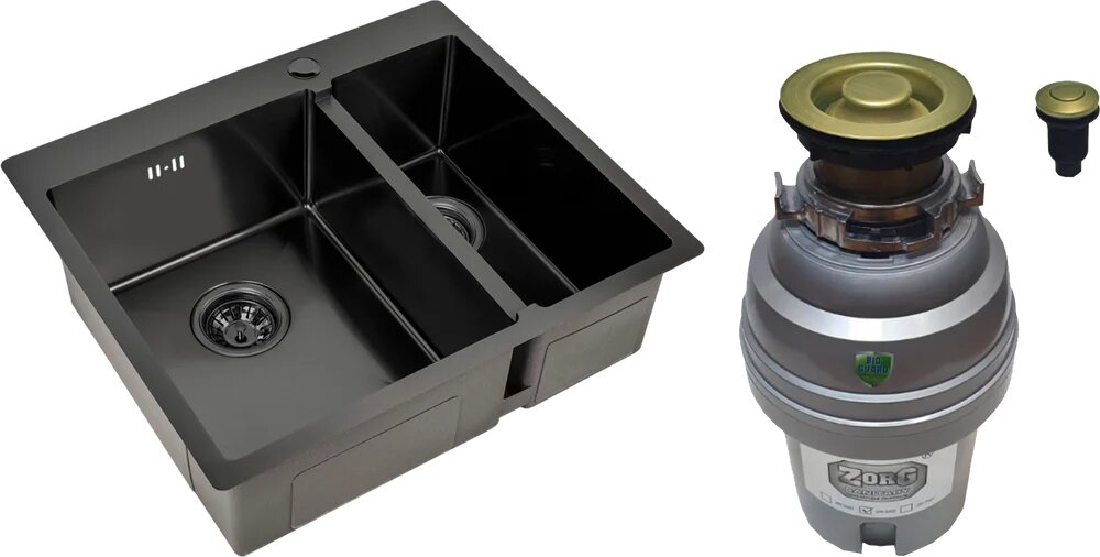 Комплект Мойка Zorg Inox PVD 59-2-51-L GRAFIT 59x51, grafit, нержавеющая сталь / Измельчитель ZR-75 D BRONZE электрический, нержавеющая сталь