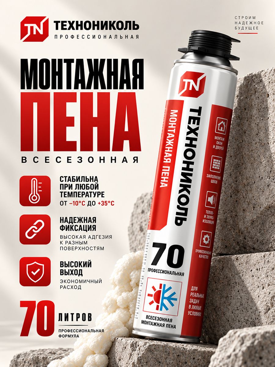 Пена монтажная профессиональная Технониколь 70 PROFESSIONAL всесезонная, 1 шт.