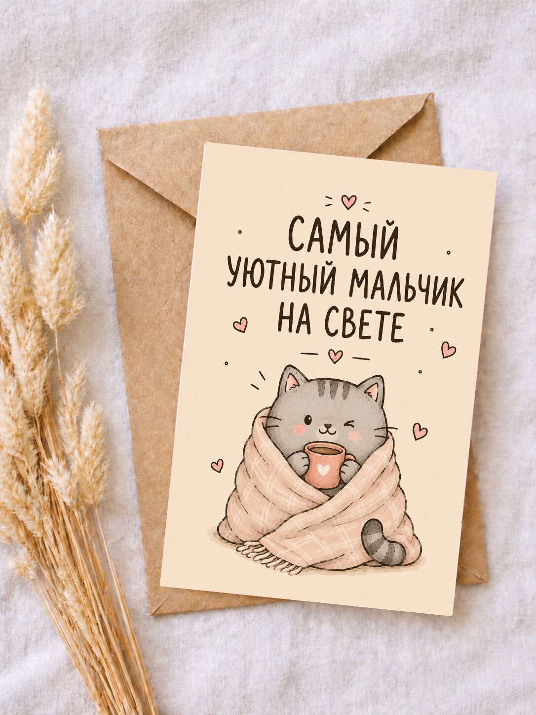 Открытка «Самый уютный мальчик на свете» с милым котиком, нежная открытка 10×15 см с крафт-конвертом