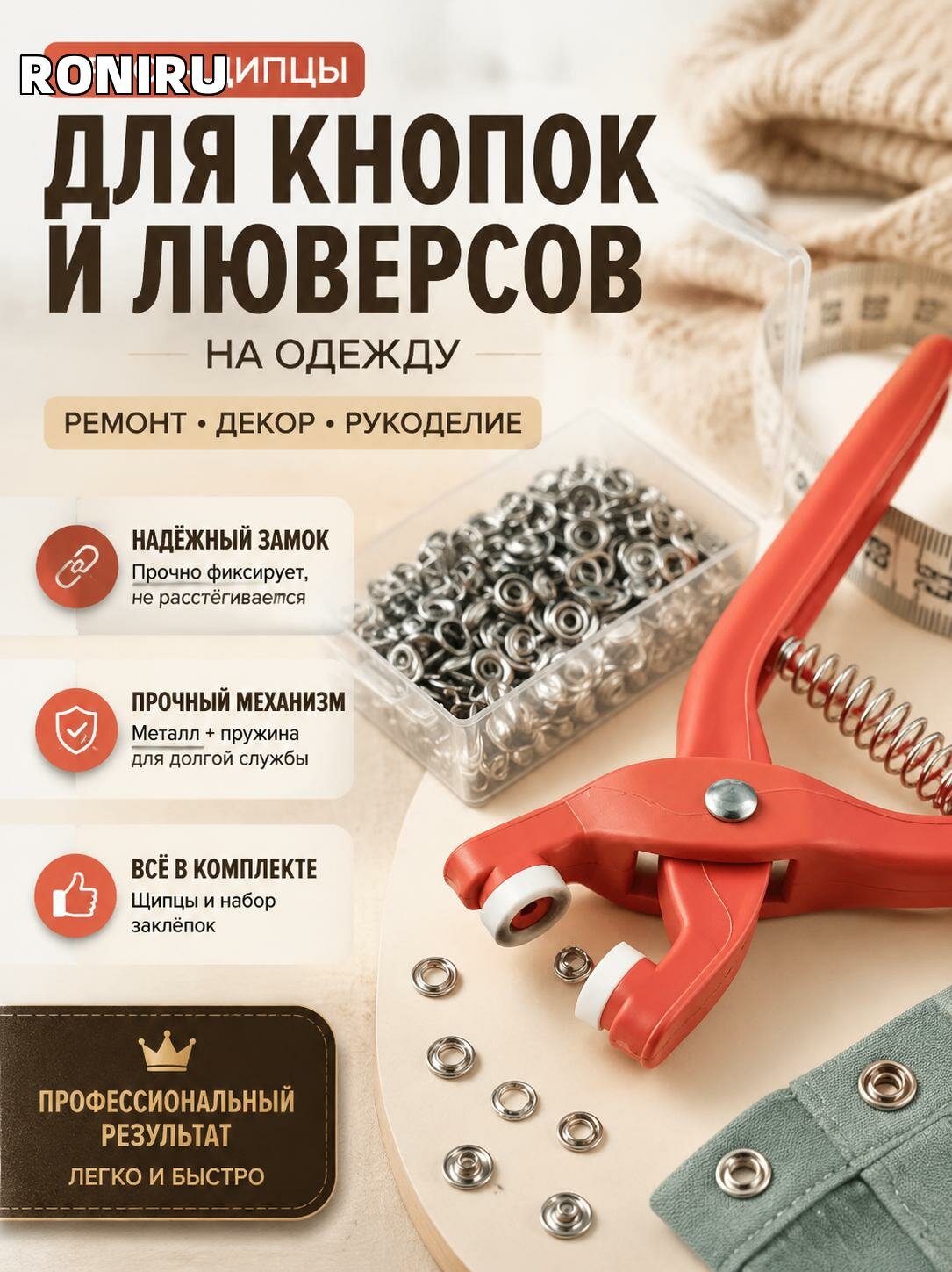Пресс-щипцы для кнопок и люверсов на одежду — заклепочник с набором заклепок для ремонта, декора и рукоделия.