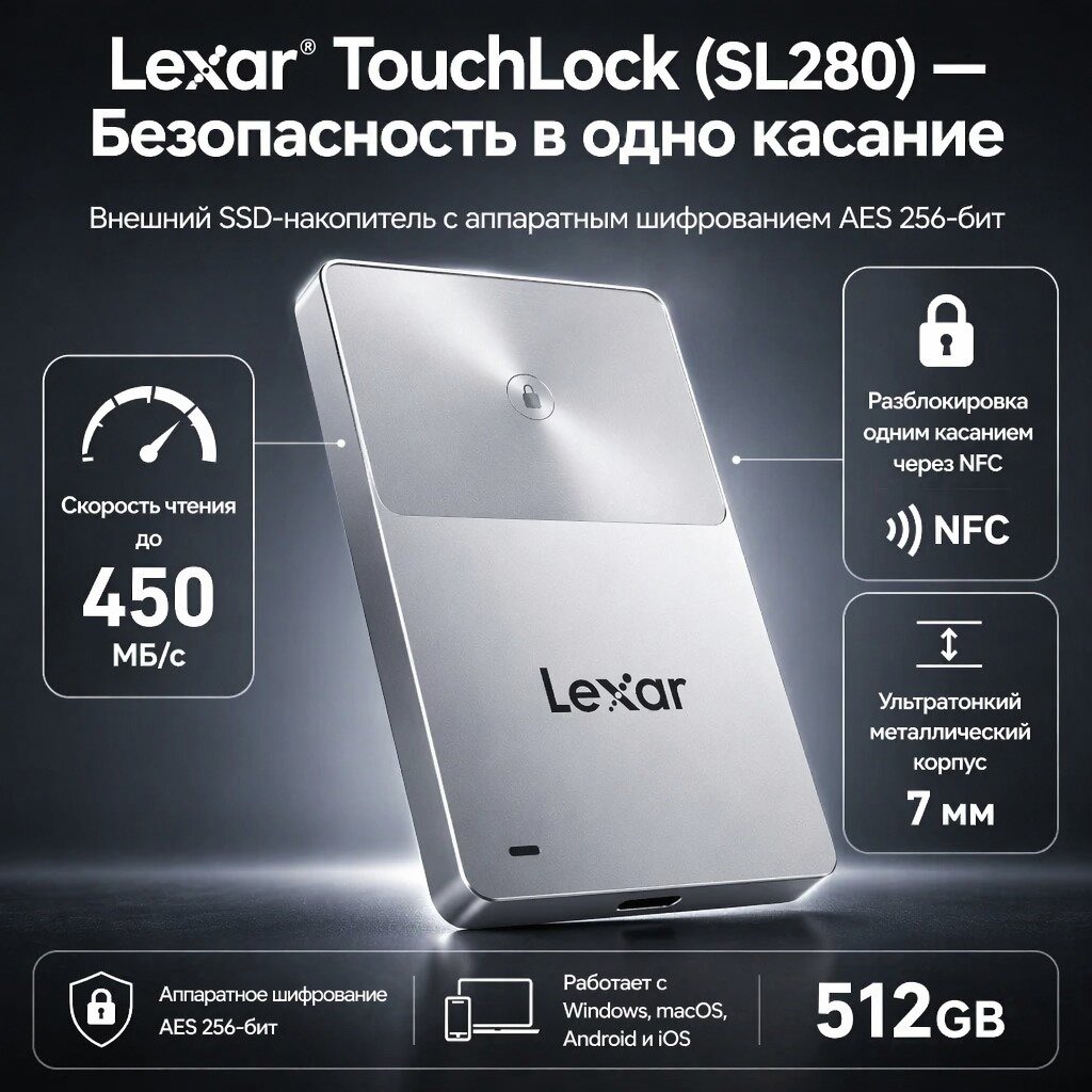 Портативный SSD Lexar TouchLock 512TБ, шифрование AES+NFC, разблокировка касанием, USB-C для секретных файлов
