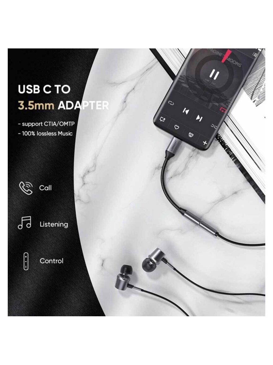 Кабель Ugreen USB-C - AUX Jack 3.5 мм, в оплетке, 0.1 м, черный(30632)