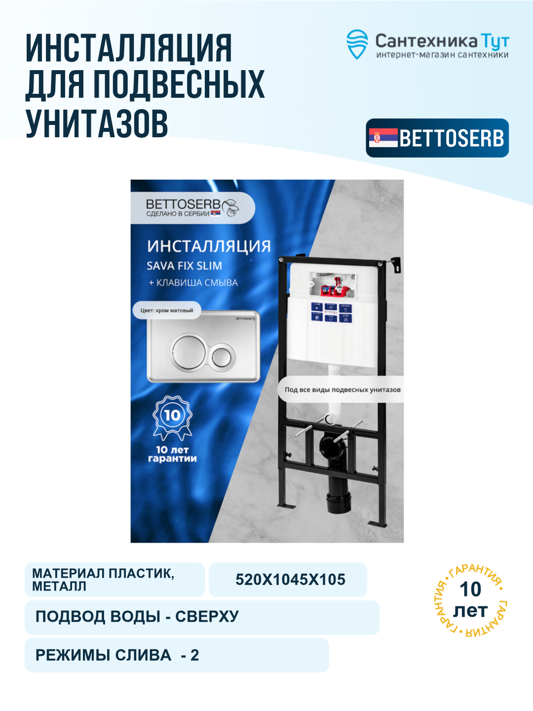 Инсталляция для унитаза Bettoserb Sava Fix Slim SET40006462 с бачком и кнопкой смыва хром
