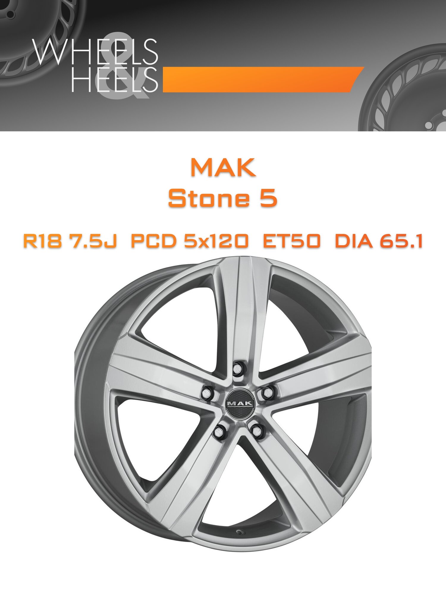 Диск автомобильный литой MAK Stone 5 18x7.5 5x120 et50 dia65.1 Серебристый