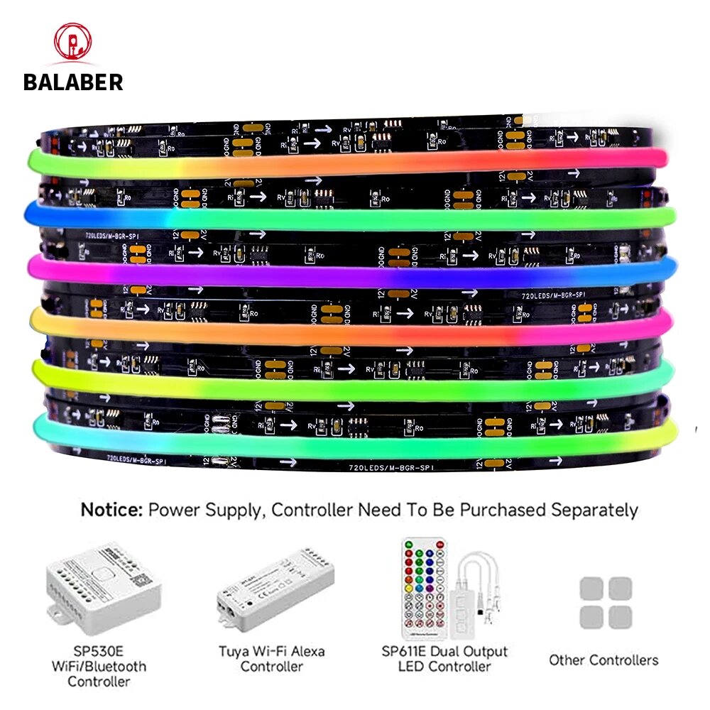 RGBIC WS2811 COB светодиодная лента 12В/24В 720/576/480/360 RGB 5м, DC12V 720 Black PCB