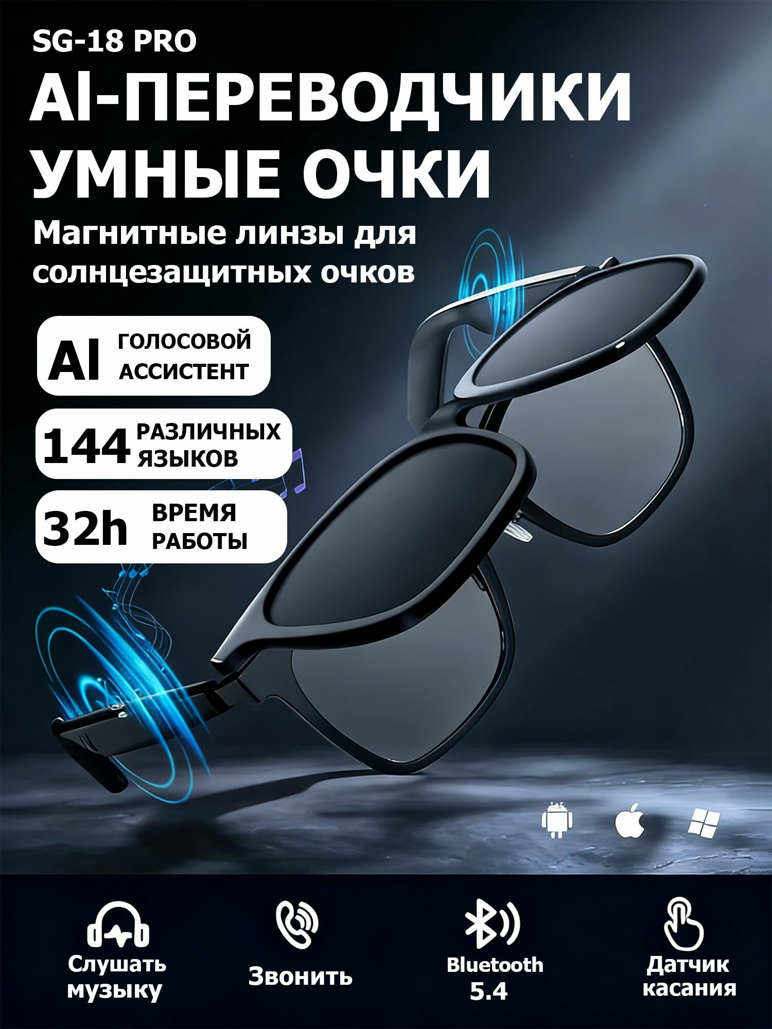Умные блютус очки с AI-переводом в реальном времени, защитой от синего света и Bluetooth-гарнитурой, Музыка, 144 языка, 4SG18