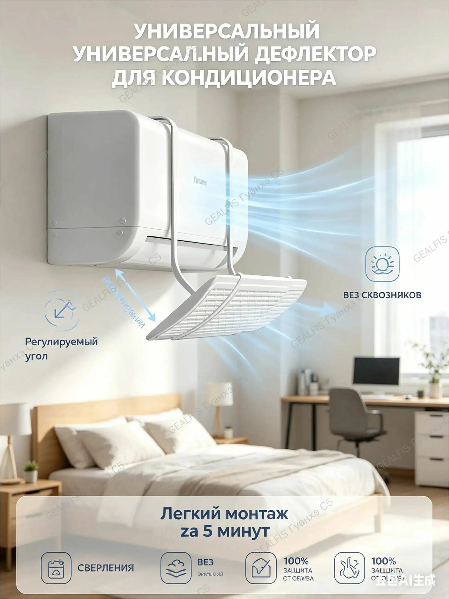 Дефлектор для кондиционера 90 см, универсальный экран-шторка для сплит-системы. Защита от прямого обдува и сквозняков в спальне. Без сверления.