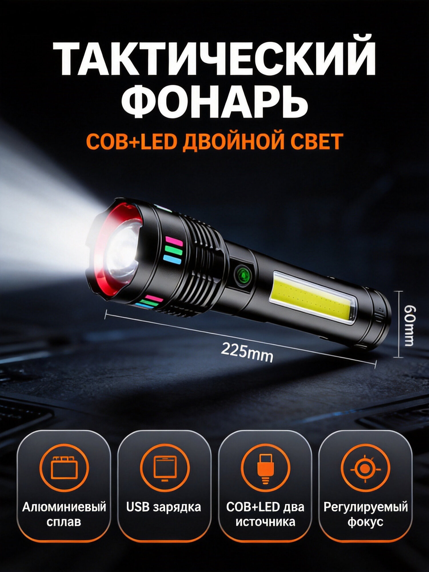 Фонарь "Царь", аккумуляторный, 50000 лм, USB-заряд, дальность 5 км,12 часов работы