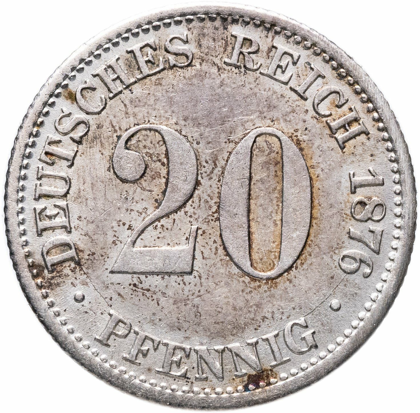 Германская империя 20 пфеннигов pfennig 1876, знак монетного двора: "D" - Мюнхен, Серебро 900, в сохранности XF-AU