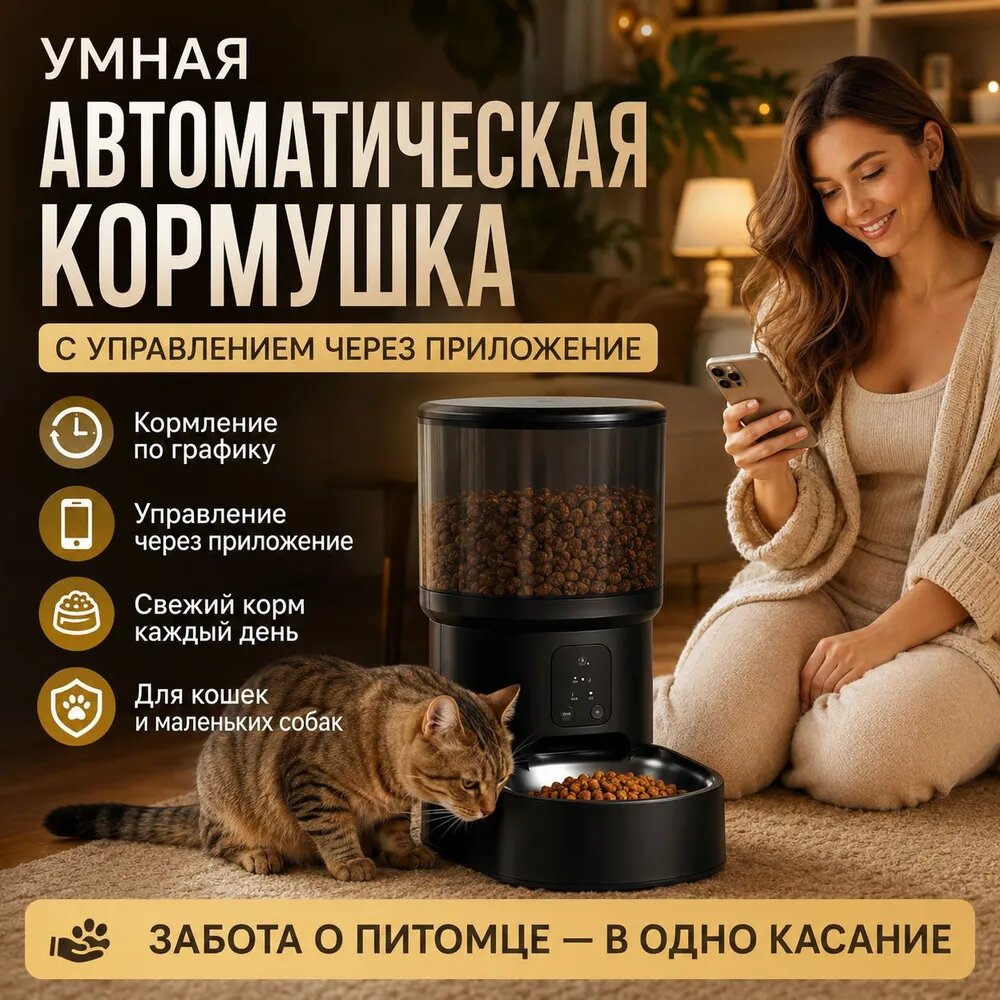 Автоматическая кормушка для кошек и собак 4 л, умная автокормушка Wi-Fi 2.4G с приложением, таймером и дозатором сухого корма, USB 5V, чаша из нержавеющей стали
