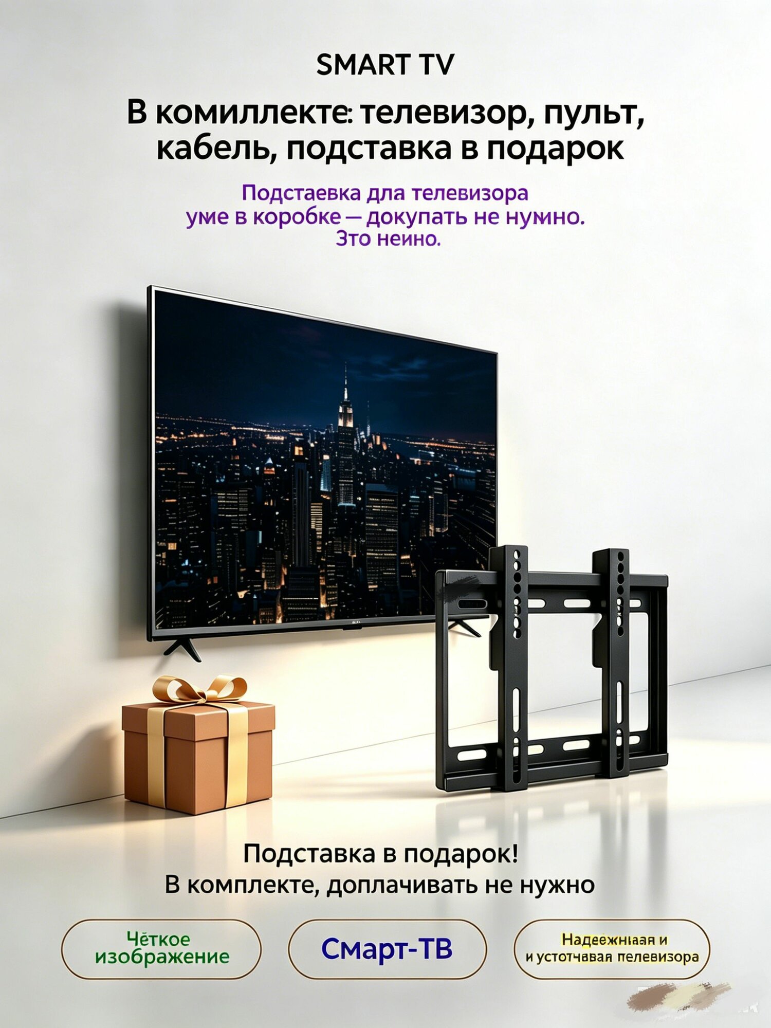 24-дюймовый смарт-телевизор Full HD на базе Android 14, с Wi-Fi и Bluetooth. В комплекте настенное крепление. Черный.