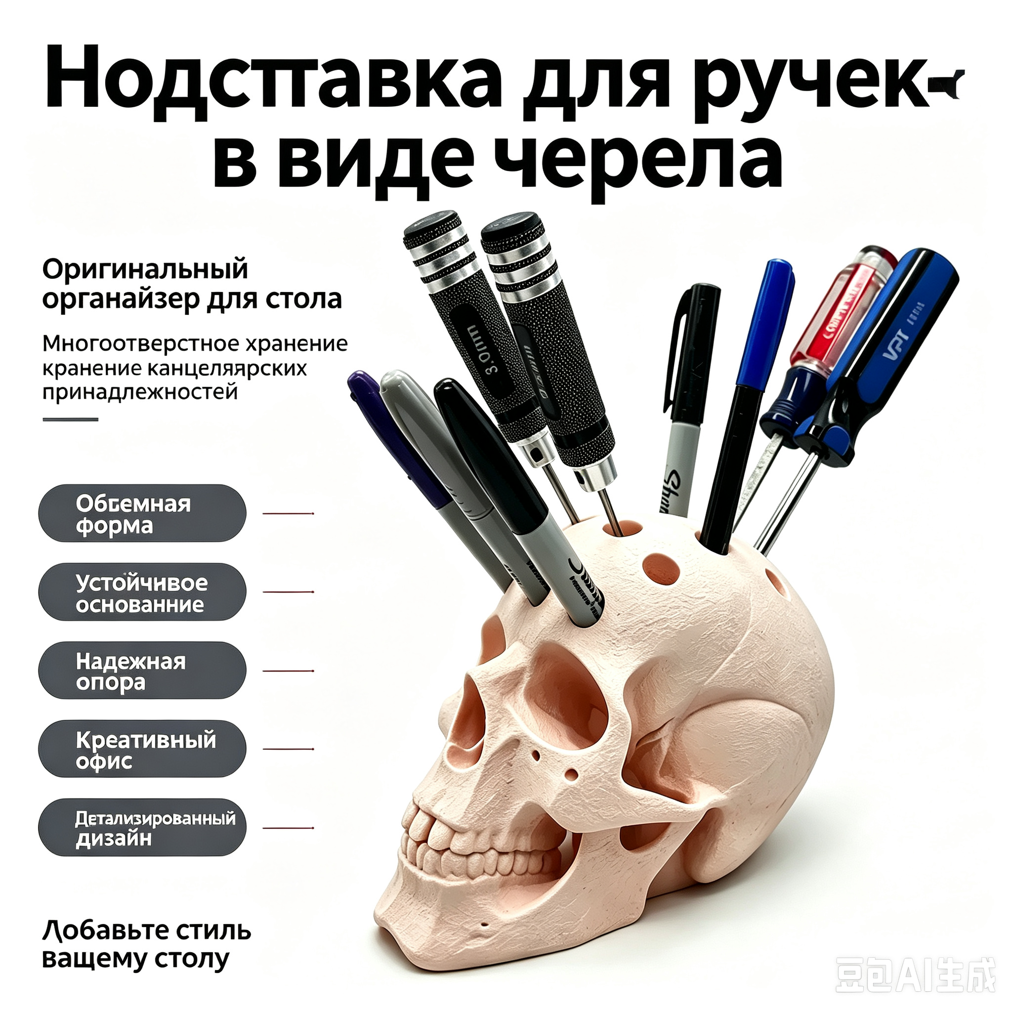 Органайзер для ручек "Череп", 3D, 3D печать, подарок, на Хэллоуин