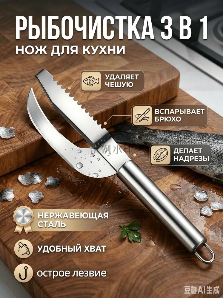 Многофункциональный нож для чистки рыбы, чешуескребок, потрошение и нарезка, нержавеющая сталь, 1 шт.