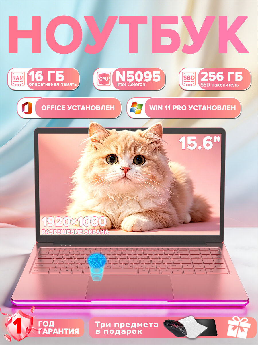 Ноутбук для работы Ноутбук 15.6", Intel Celeron N5095A, RAM 16 ГБ, SSD 256 ГБ, Intel UHD Graphics, Windows Pro, (N5095), светло-розовый, розовый, Русская раскладка