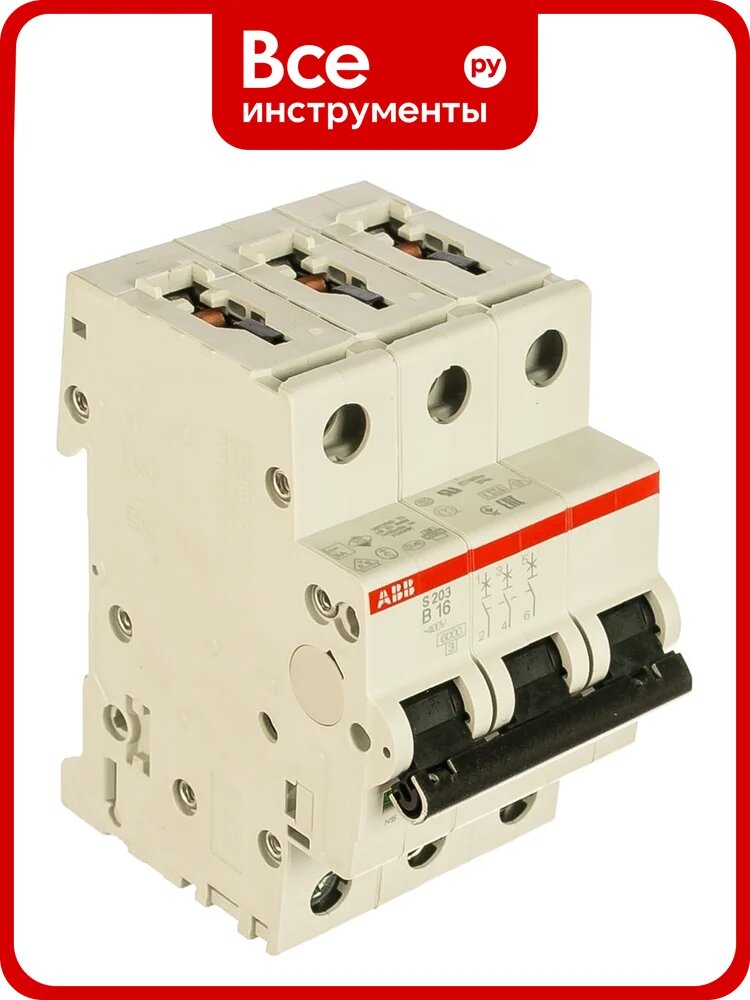 Автоматический выключатель ABB S203 3P 16А 6kA 2CDS253001R0165 модульный тип B, корпус серый, монтаж DIN-рейка