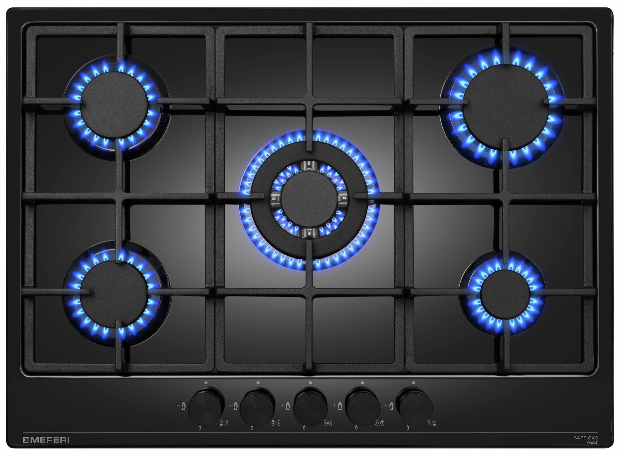 Варочная панель газовая MEFERI MGH705BK POWER 5 конфорок, решетки из высококачественного чугуна, эмалированное покрытие, термостойкие ручки, автоподжиг, газ-контроль