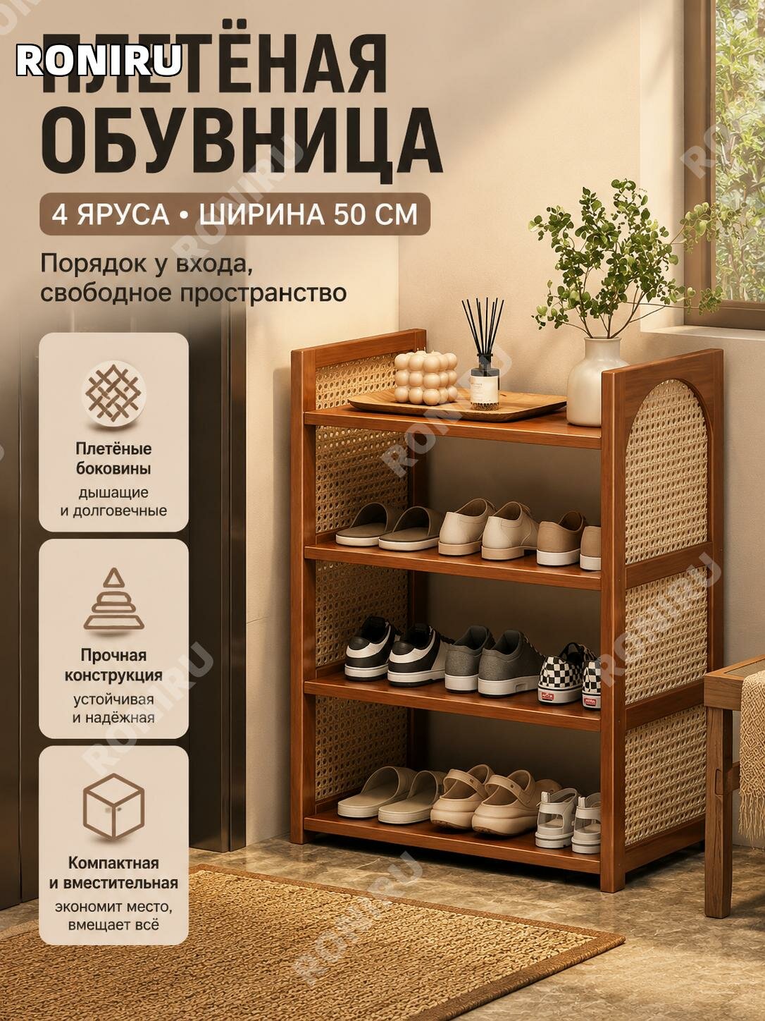 Обувница из бамбука4 яруса50 см для прихожей