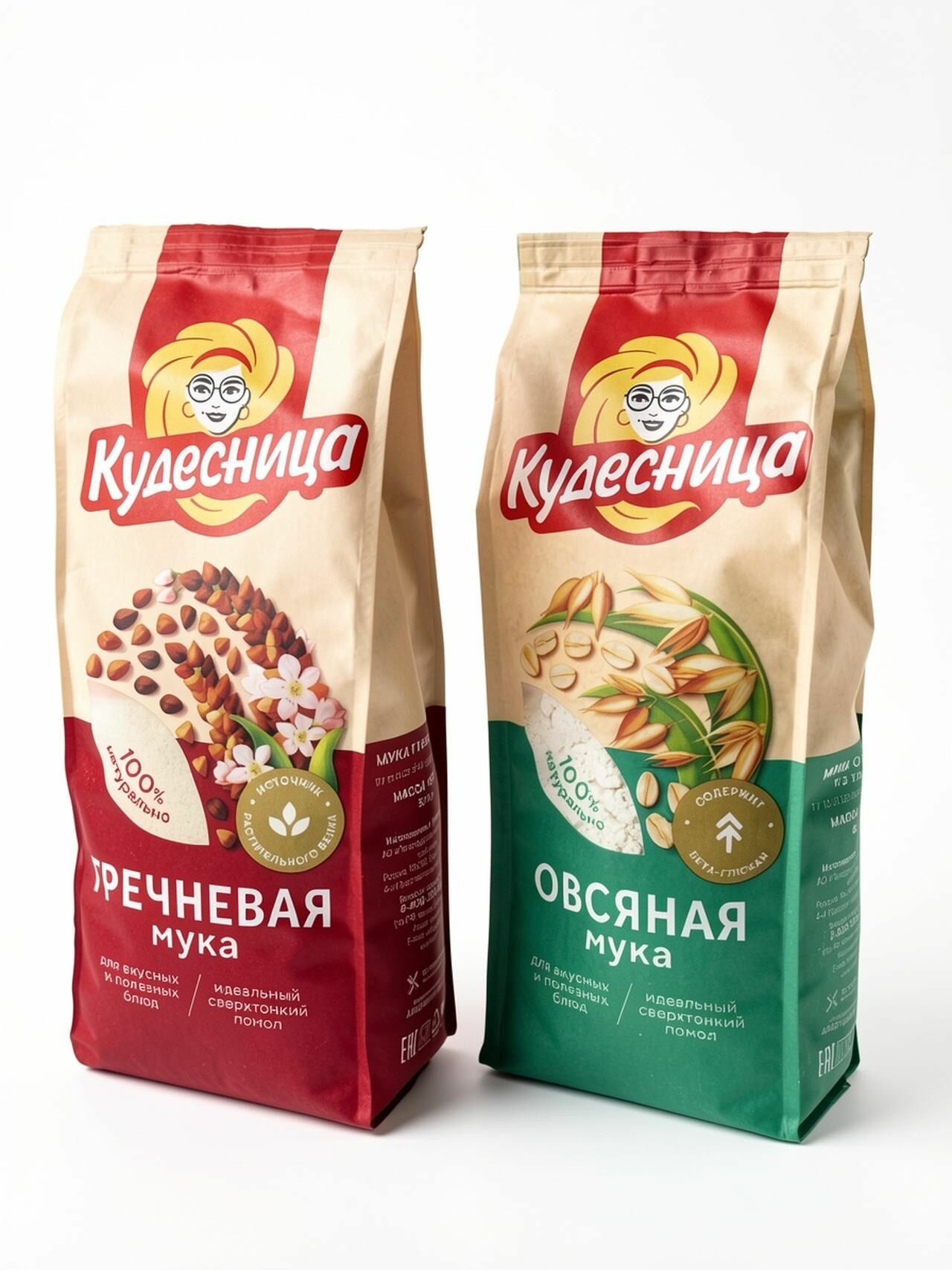 Мука Кудесница "Гречневая/Овсяная", высший сорт, 0,4 кг, 2 упаковки