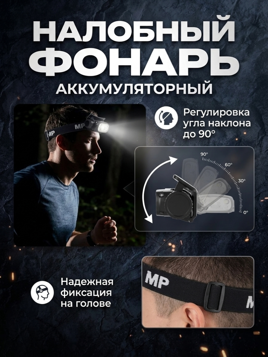 Налобный профессиональный фонарь с магнитом и функцией Power Bank