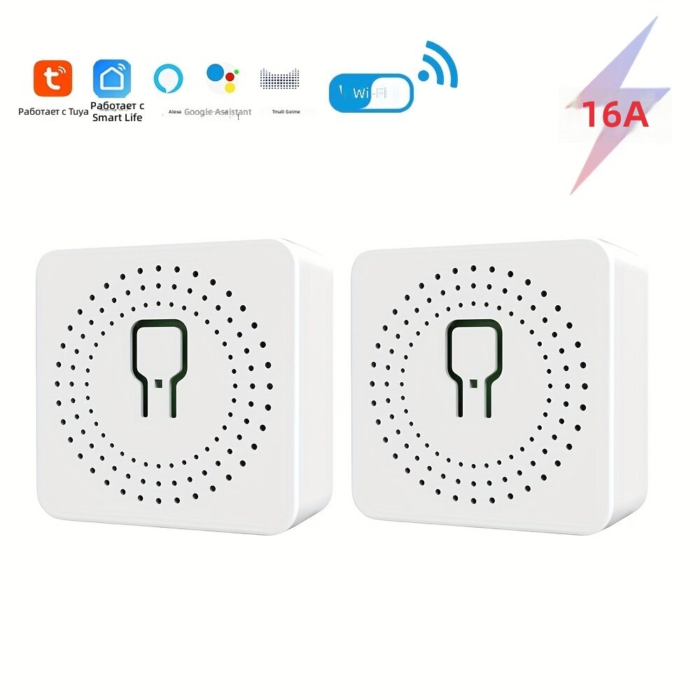 Мини-умный выключатель 16A с WiFi, управление через приложение Tuya Smart Life и голосом, однополюсный двухпозиционный, настенный беспроводной, 2 шт.
