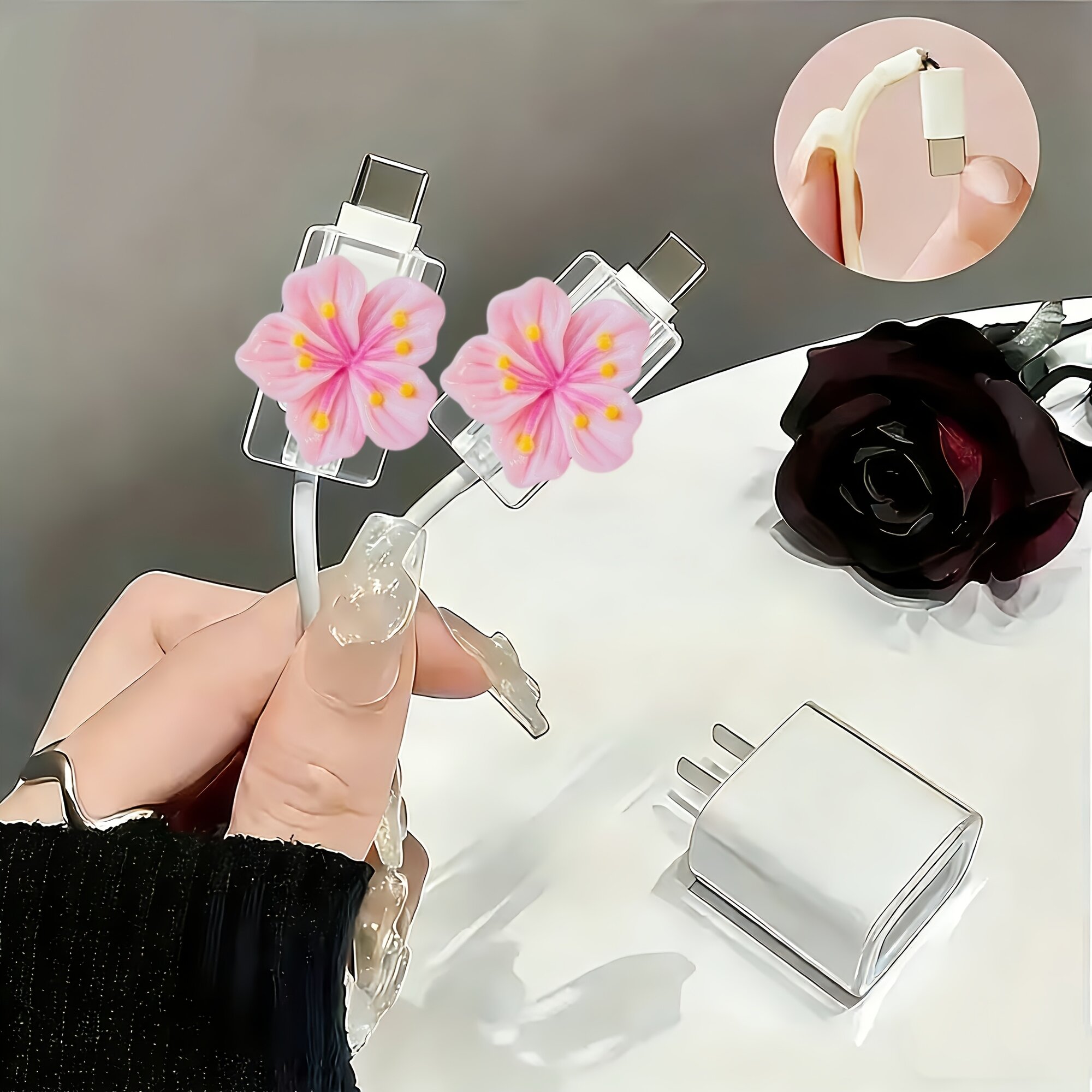 2 шт, защитные чехлы для кабелей USB-C с 3D-рисунком розовых сакур, для мобильных телефонов, стиль «розовая сакура