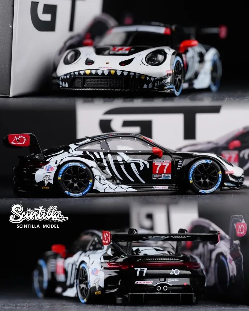 Масштабная модель автомобиля MINI GT 1/64 minigt #1143 Porsche 911 GT3 R #77 AO Racing 2025 IMSA Petit Le Mans Skeleton Alloy Car Model Collection Gift