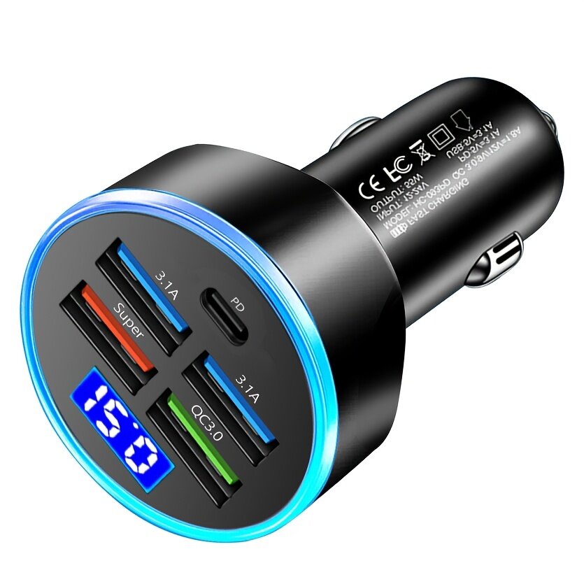 USB C автомобильный зарядный адаптер 5-в-1 с дисплеем напряжения, многопортовый, быстрая зарядка 12-24V для грузовика и автомобиля, черный
