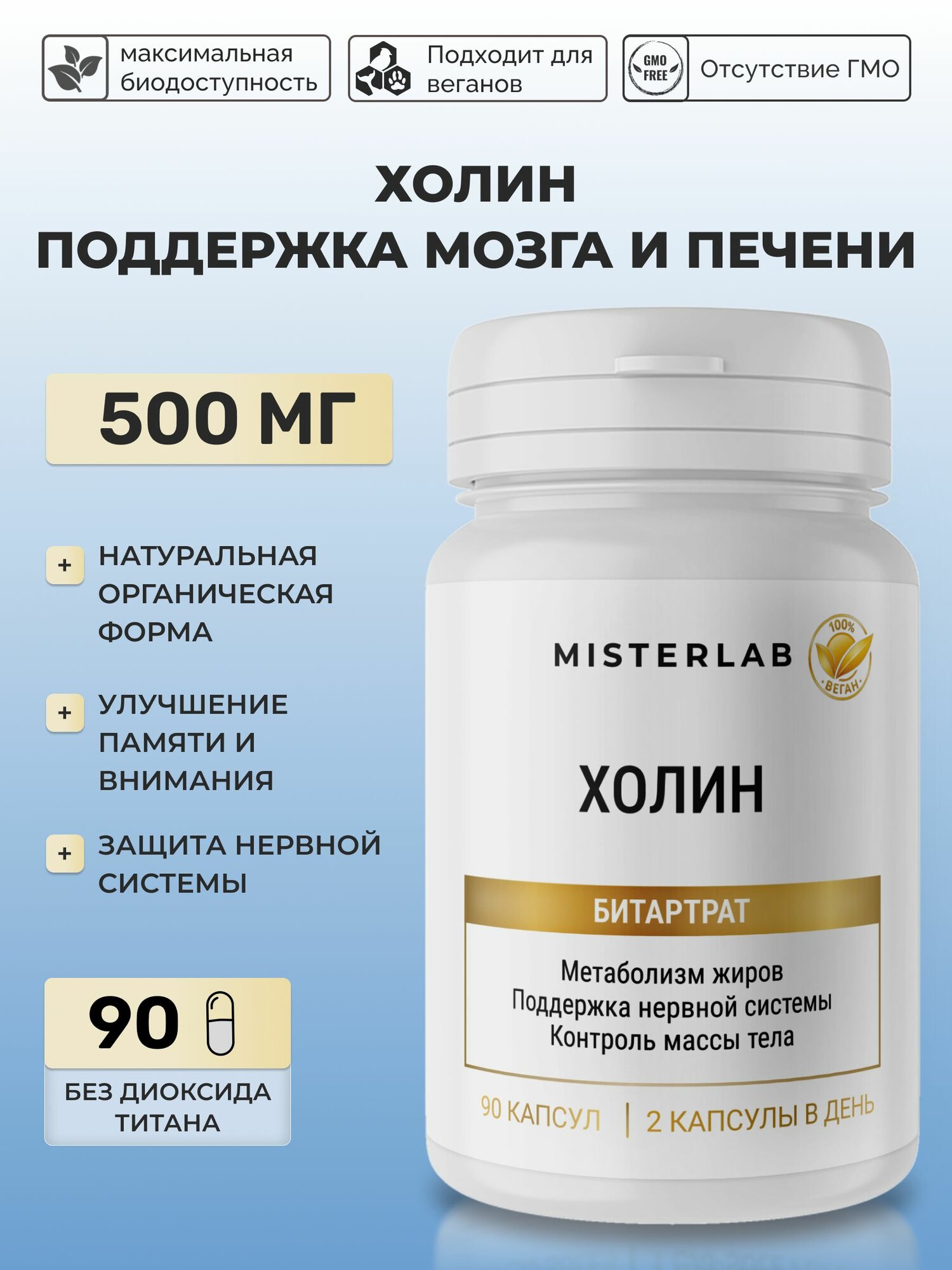 Холин 500 мг, Витамин В4, для памяти внимания, choline bitartrate, 90 капсул MISTERLAB память внимание битартрат холина