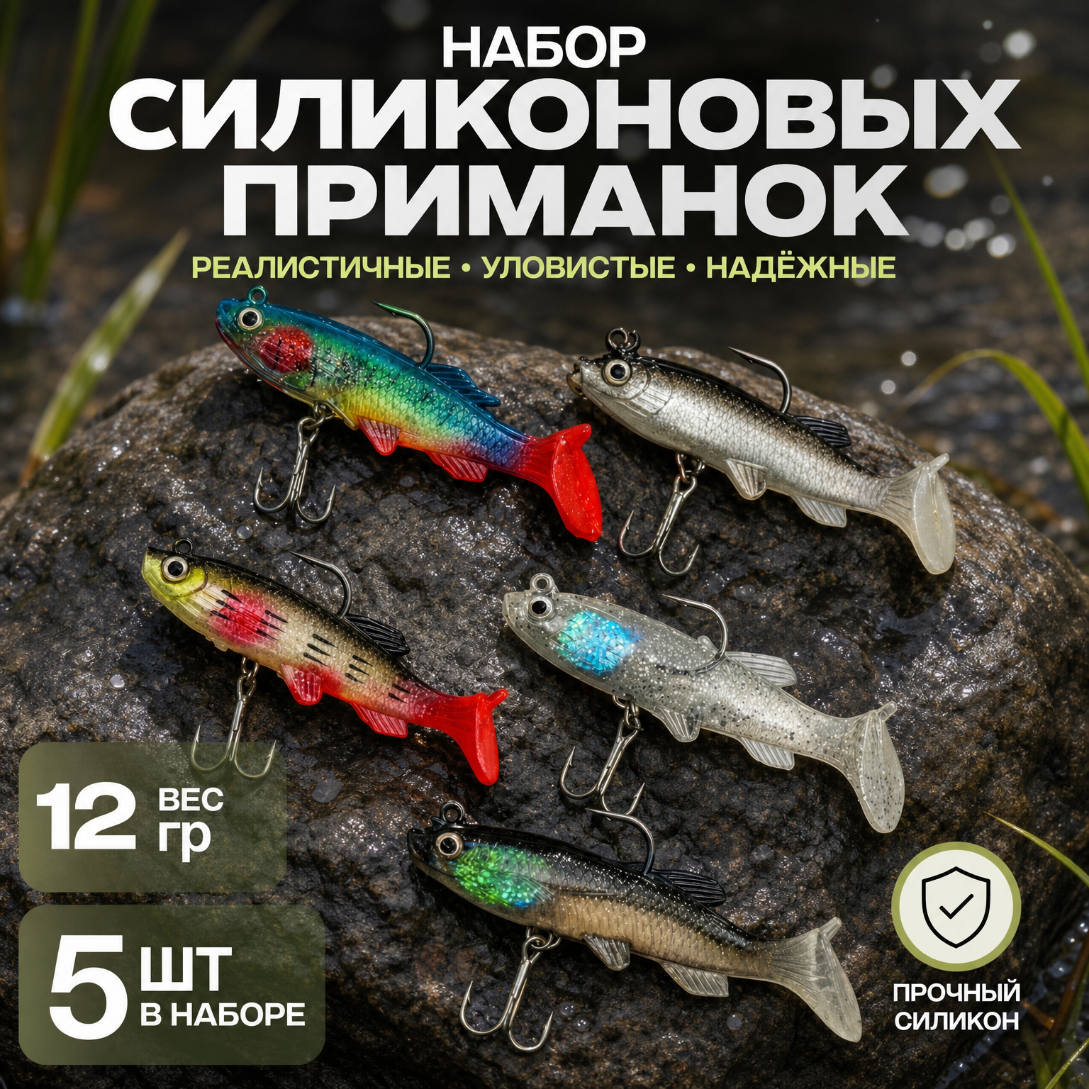 Силиконовые приманки / Набор для рыбалки / Виброхвост 5шт / Подарочный кейс (Вес: 12 гр; Цвет товара: разноцветный)