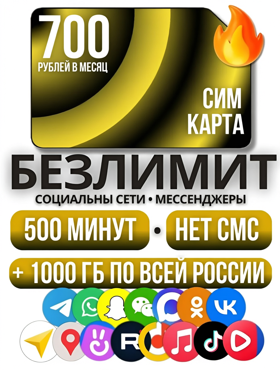 Сим-карта Мегафон, безлимитный интернет, 2000 минут по РФ 700р. месяц.